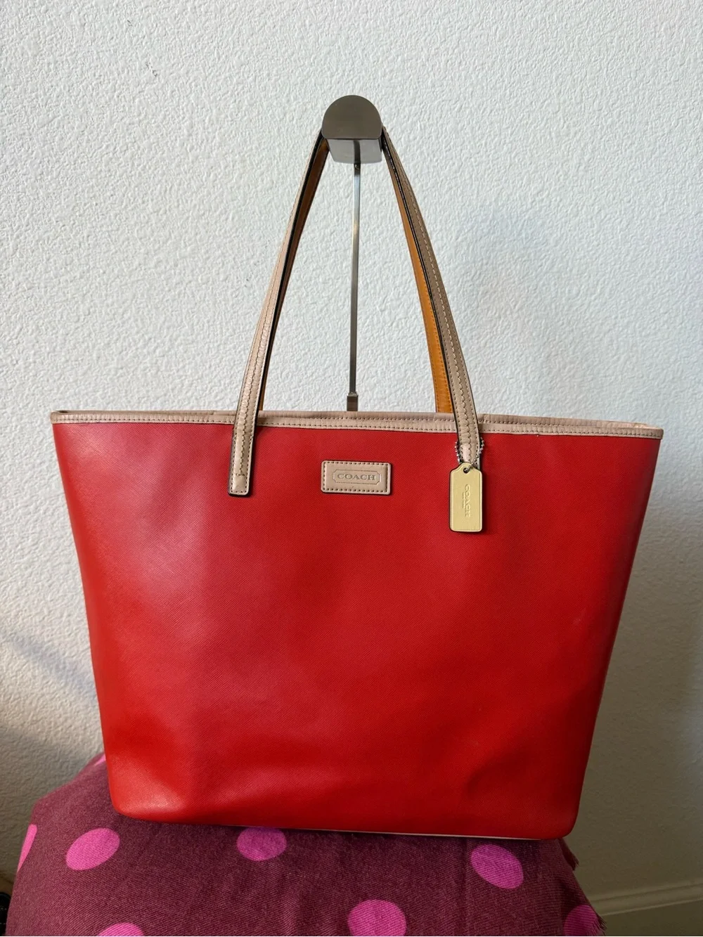 Coach | Bags | Coach F2434 Coral Red Orange Saffiano Leather City Tote ...
